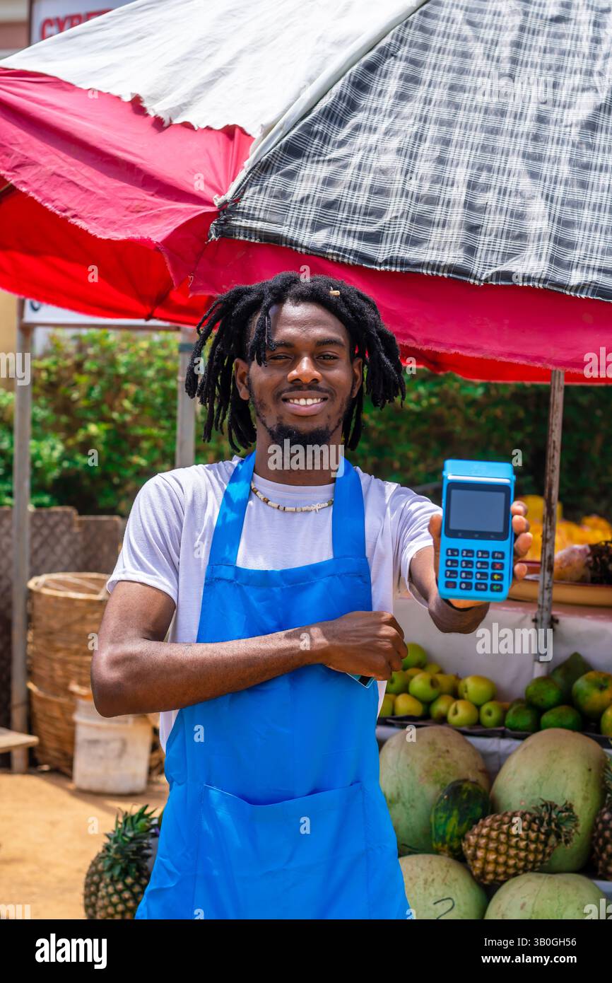 excited african black business man using NFC payment, using point of ...