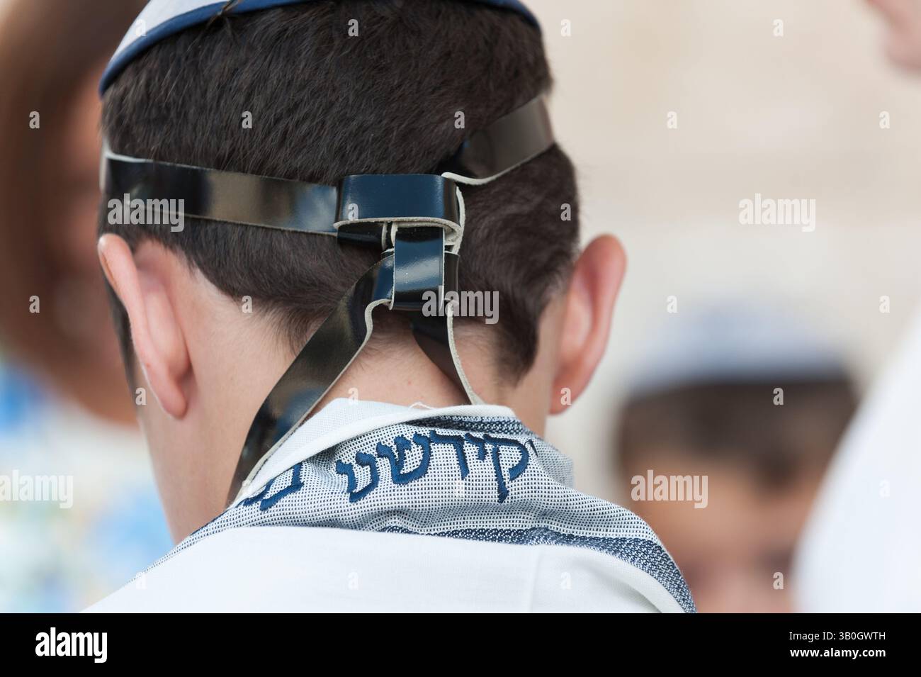 View of the knot of the rosh or head tefillin worn by Jewish men during ...