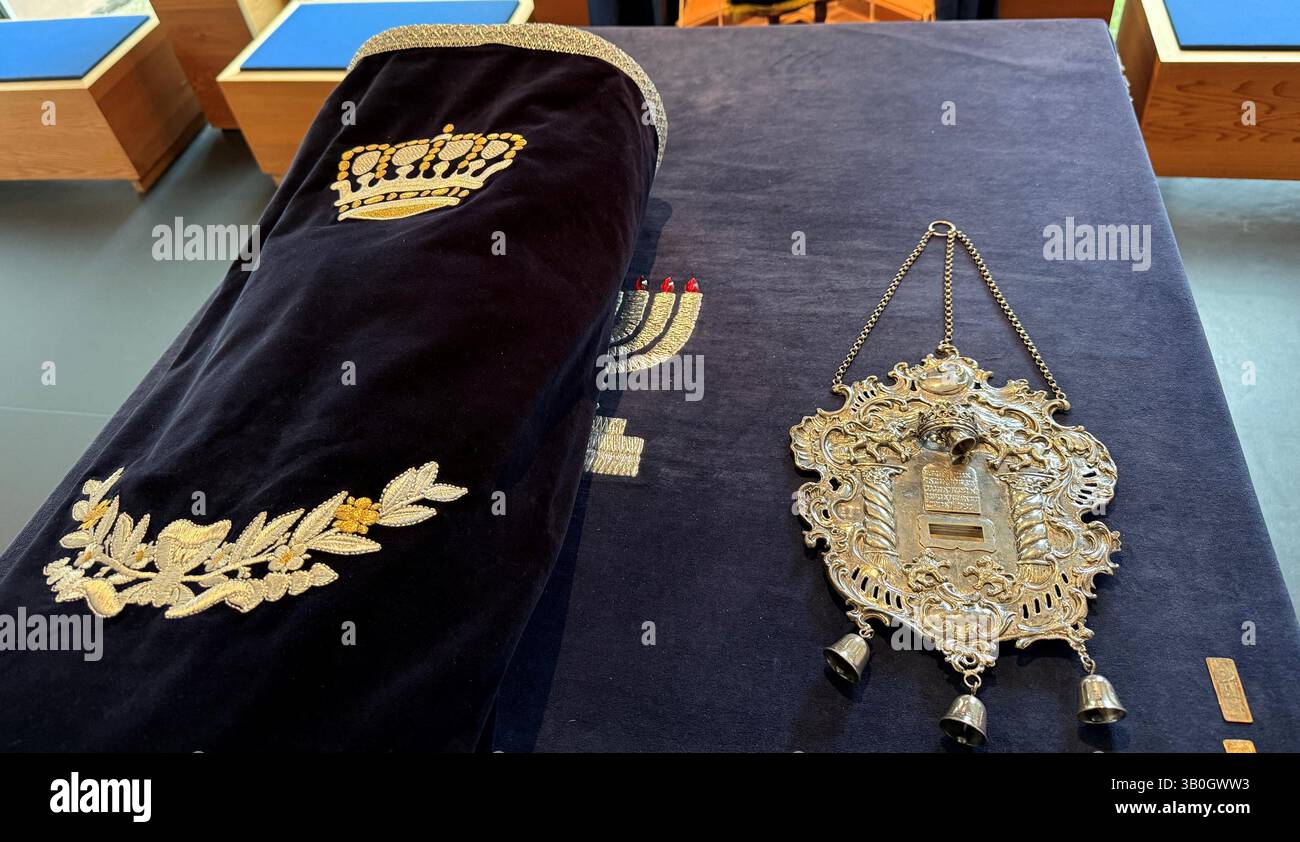 Hanau, Germany. 17th Apr, 2025. The new Torah scroll and the newly ...