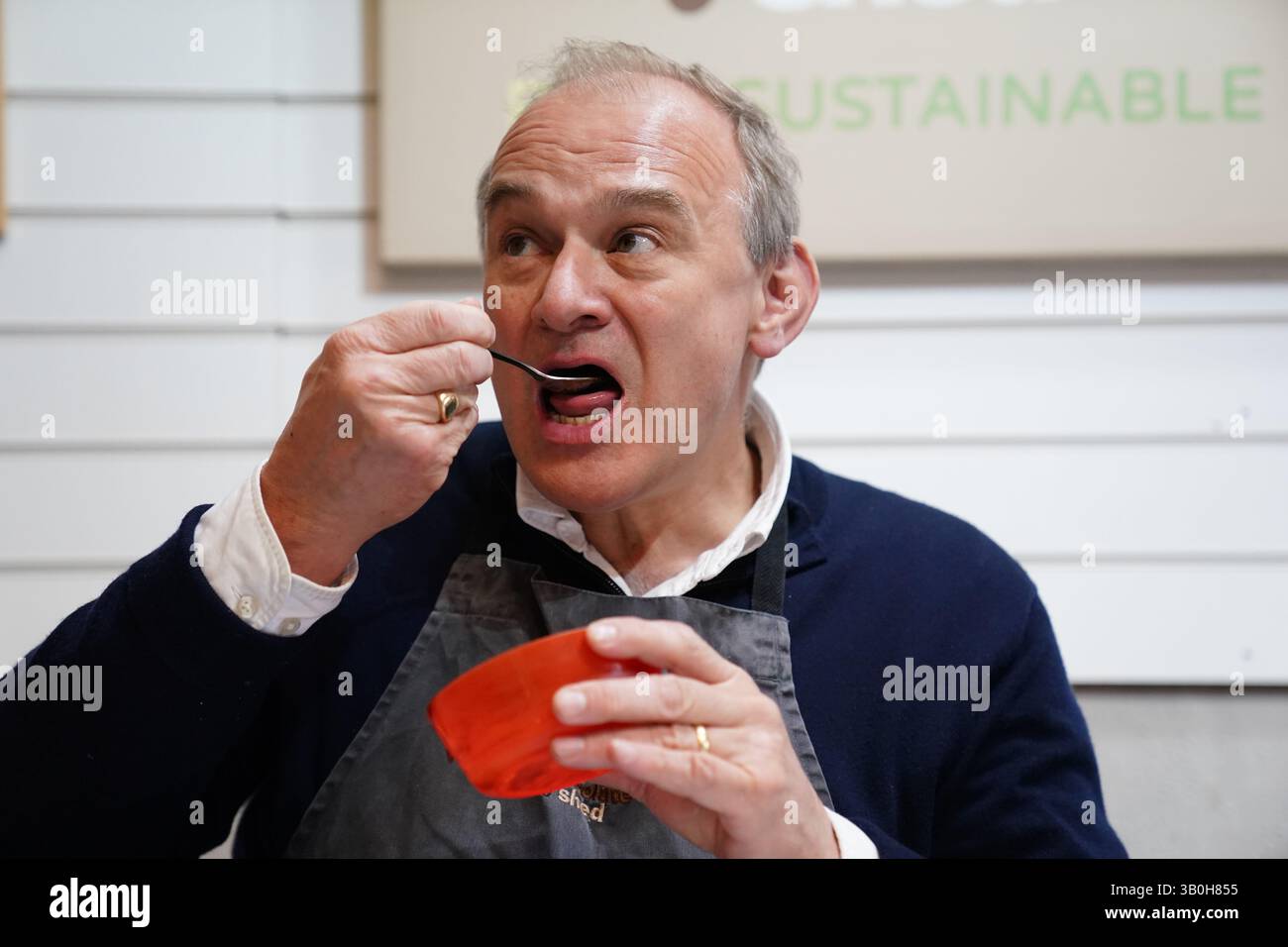 Liberal Democrat leader Sir Ed Davey taking part in a chocolate making ...