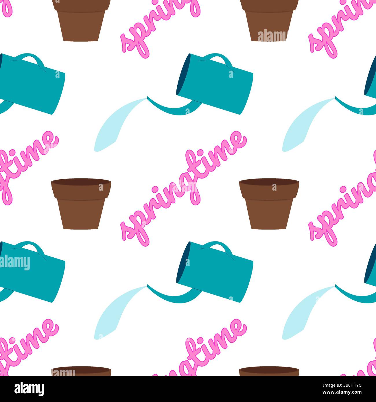 Cute seamless pattern featuring watering cans, water, flower pots, and ...