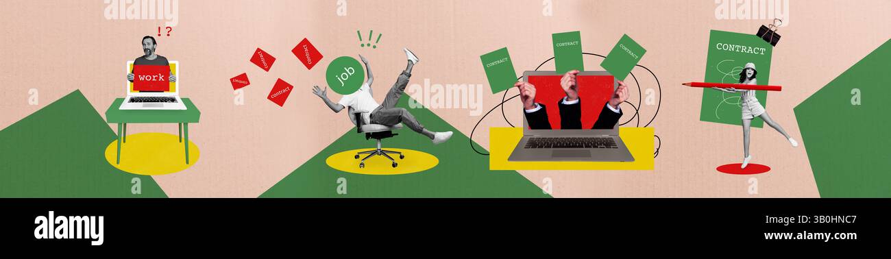 Creative collage featuring modern illustrations of work scenarios with ...