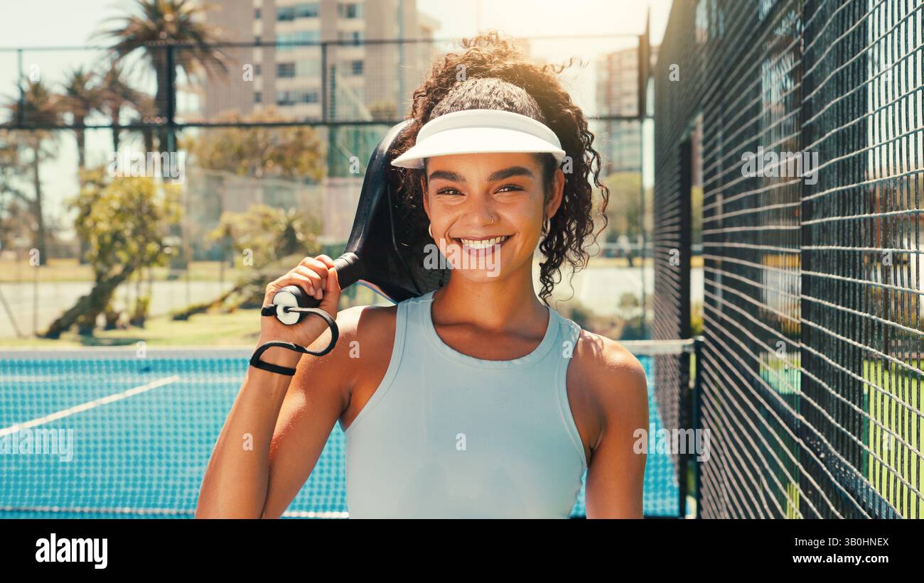 Padel tennis, portrait and happy woman at court for training ...