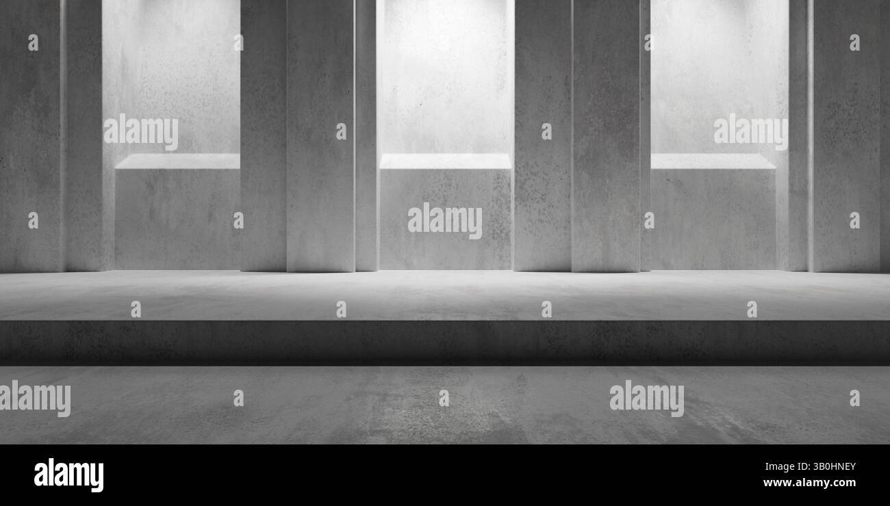 Abstract empty, modern concrete room with light shafts in the back and ...