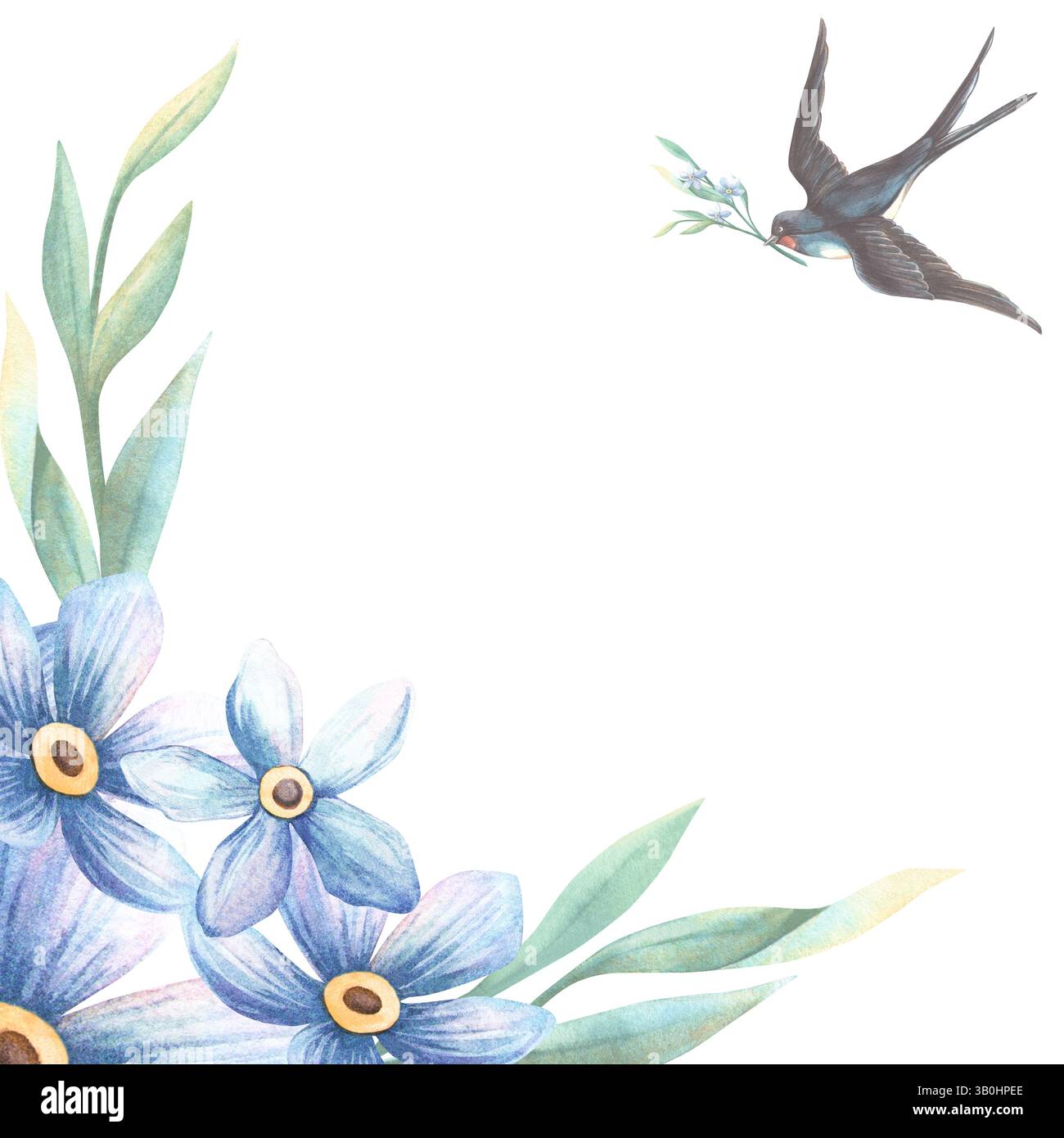 Floral spring frame with swallow bird, blue forget-me-not flowers and ...