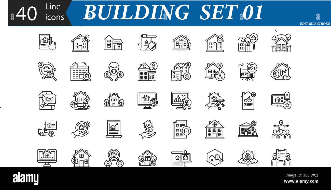 40 Building Line Icons Set – House, Construction, Architecture, Real ...