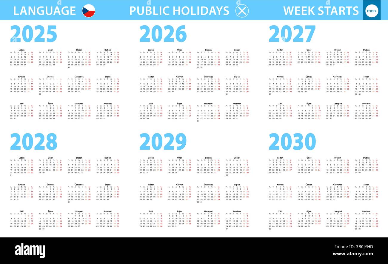 Calendar in Czech language for year 2025, 2026, 2027, 2028, 2029, 2030. Week starts from Monday ...
