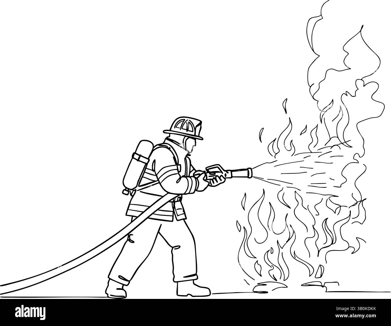 Heroic Firefighter Extinguishing a Blaze. Minimalist line drawing of a ...