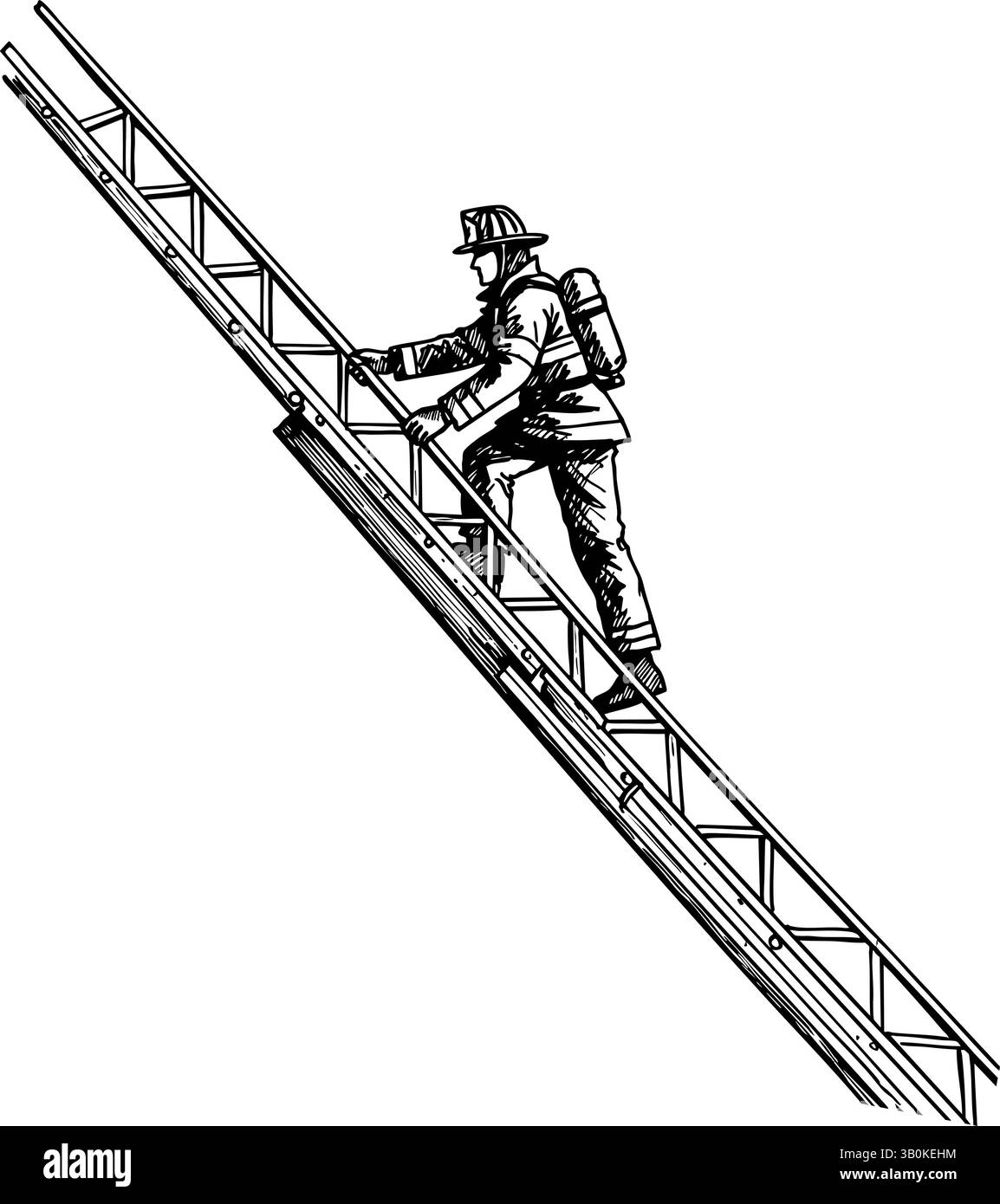 Firefighter Ascending Ladder in Minimalist Black and White. Line art ...