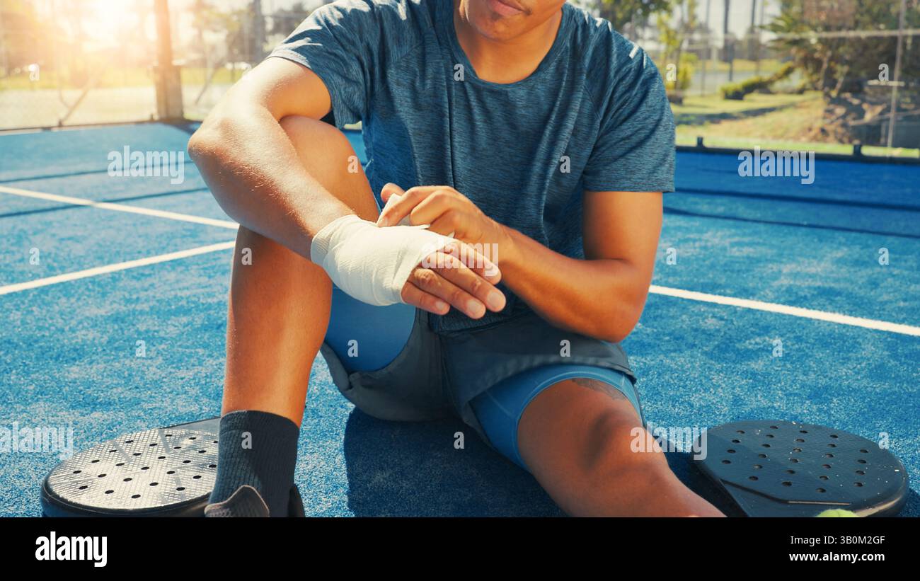 Sports, hands and person with bandage, outdoor and accident from game ...