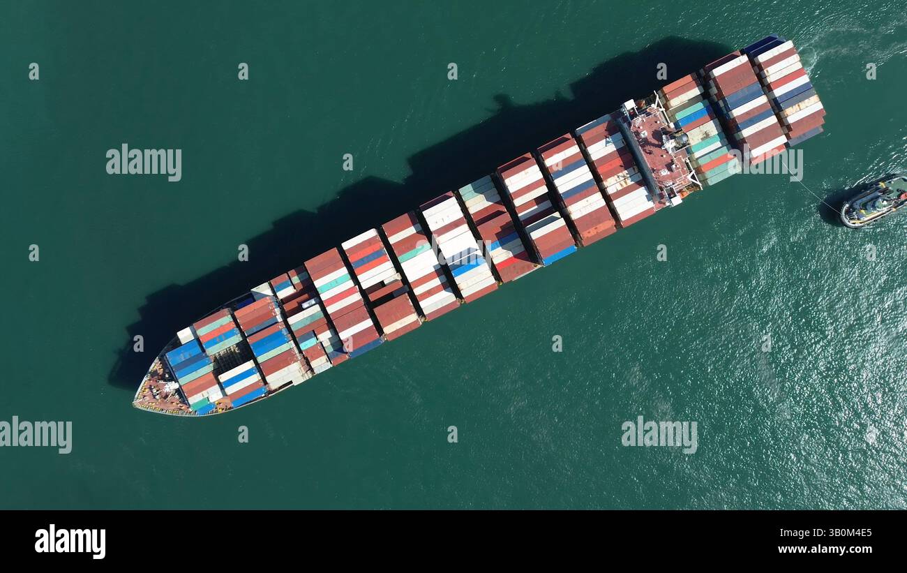 Top view of large cargo ship filled with colorful containers Stock ...