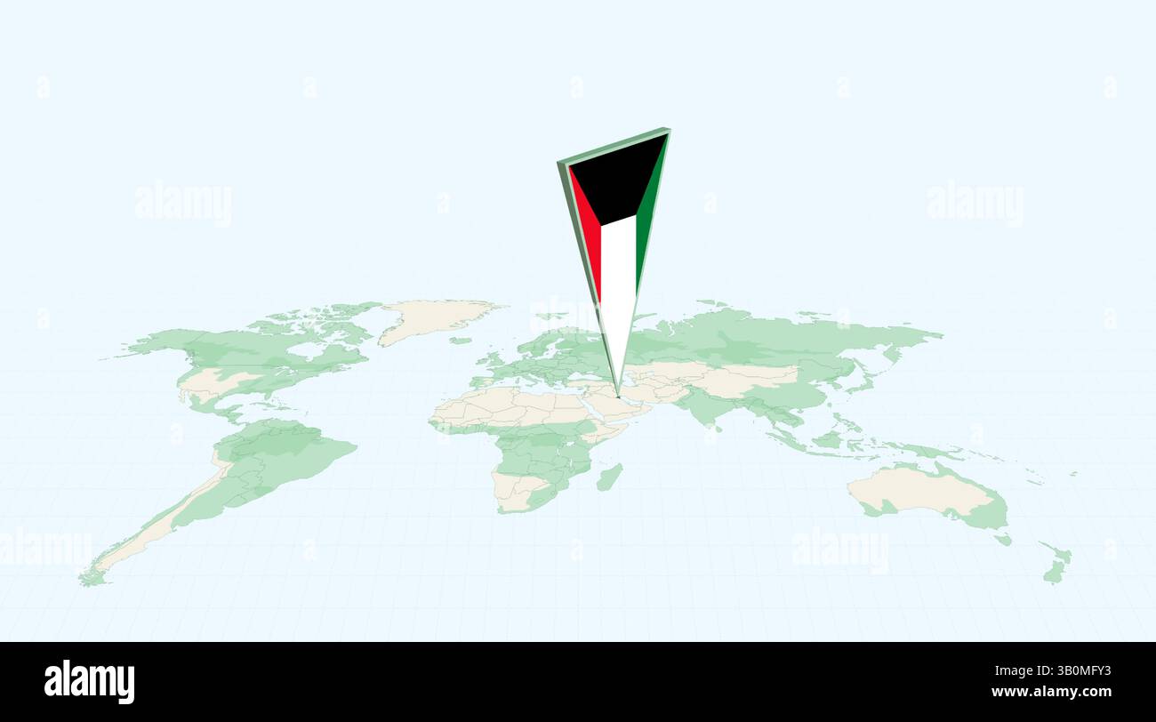 Highlighted Kuwait on Global Map with 3D Flag Location Pin of Kuwait ...