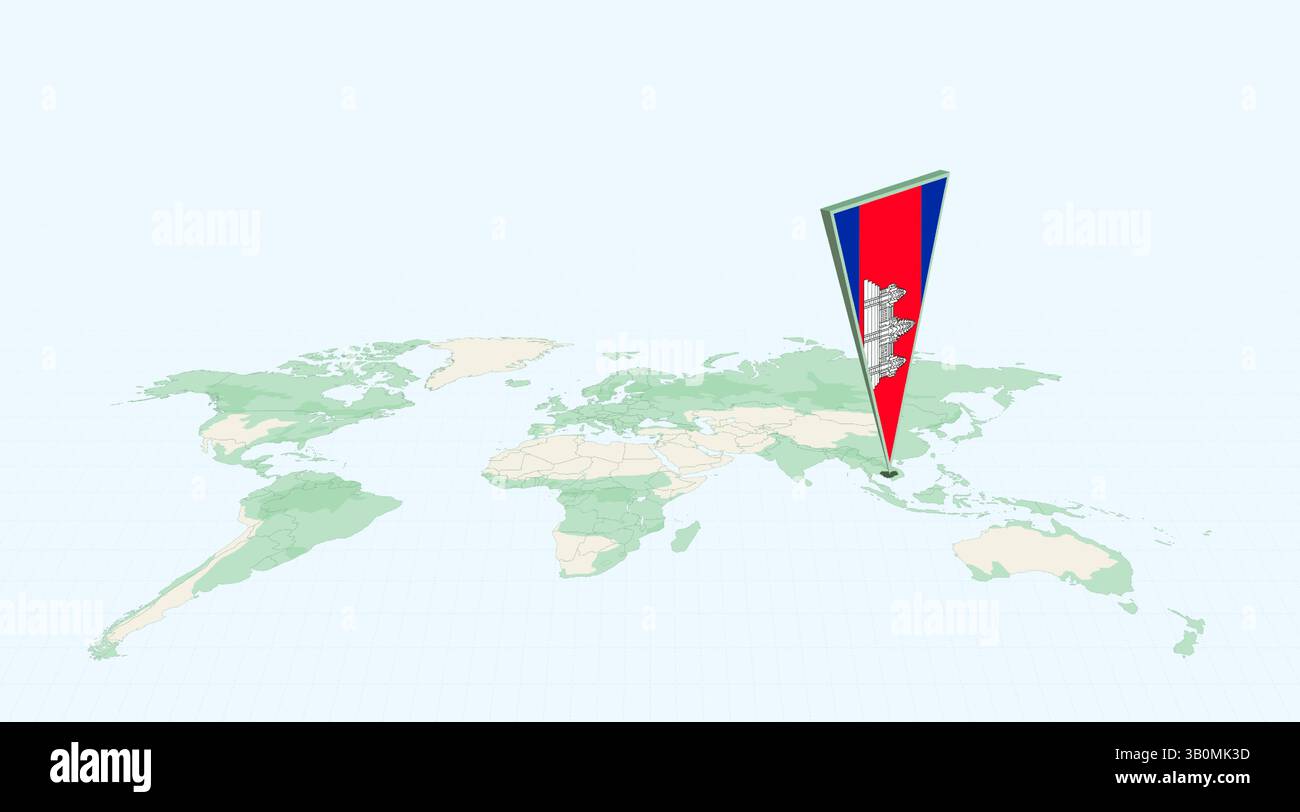 Highlighted Cambodia on Global Map with 3D Flag Location Pin of Cambodia. The image symbolizes ...