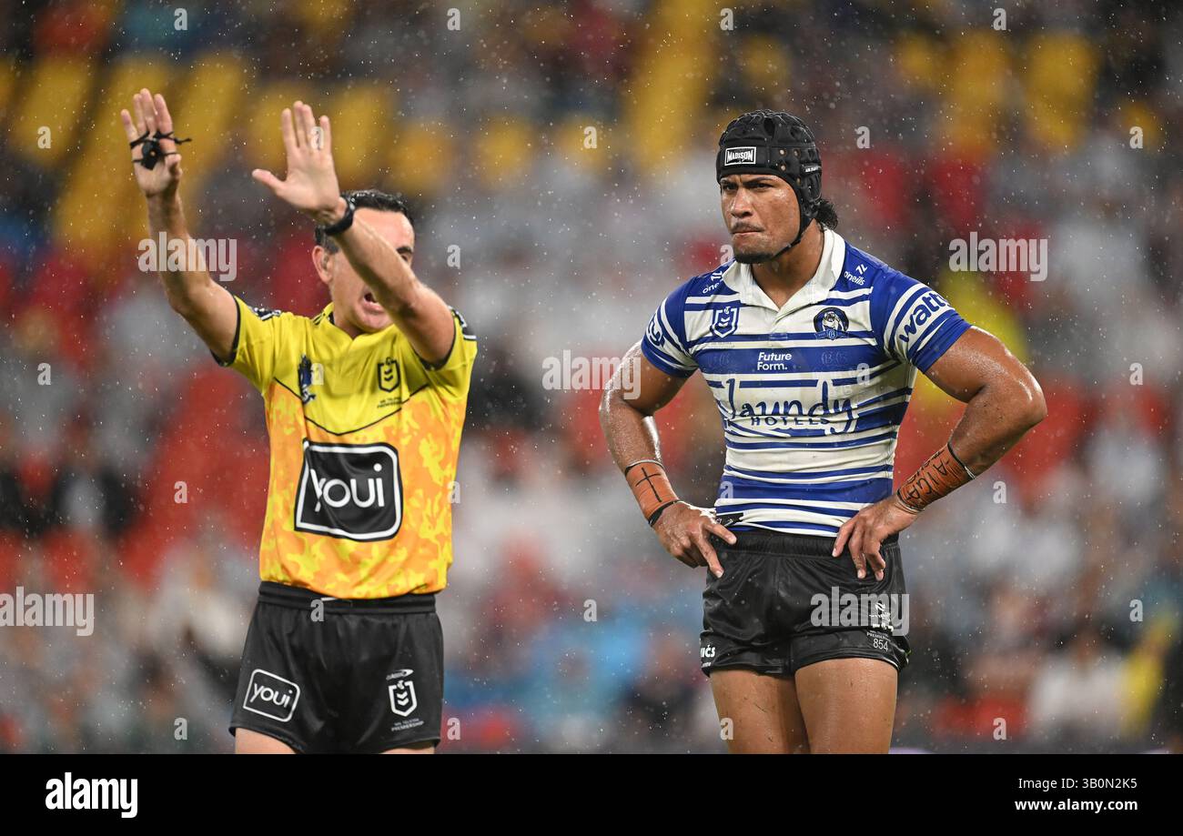 Brisbane, Australia. 24th Apr, 2025. Stephen Crichton of the Bulldogs ...