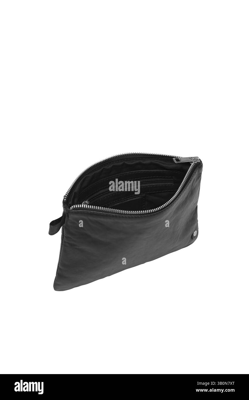 sleek open black leather clutch bag is shown the bag features a metal ...