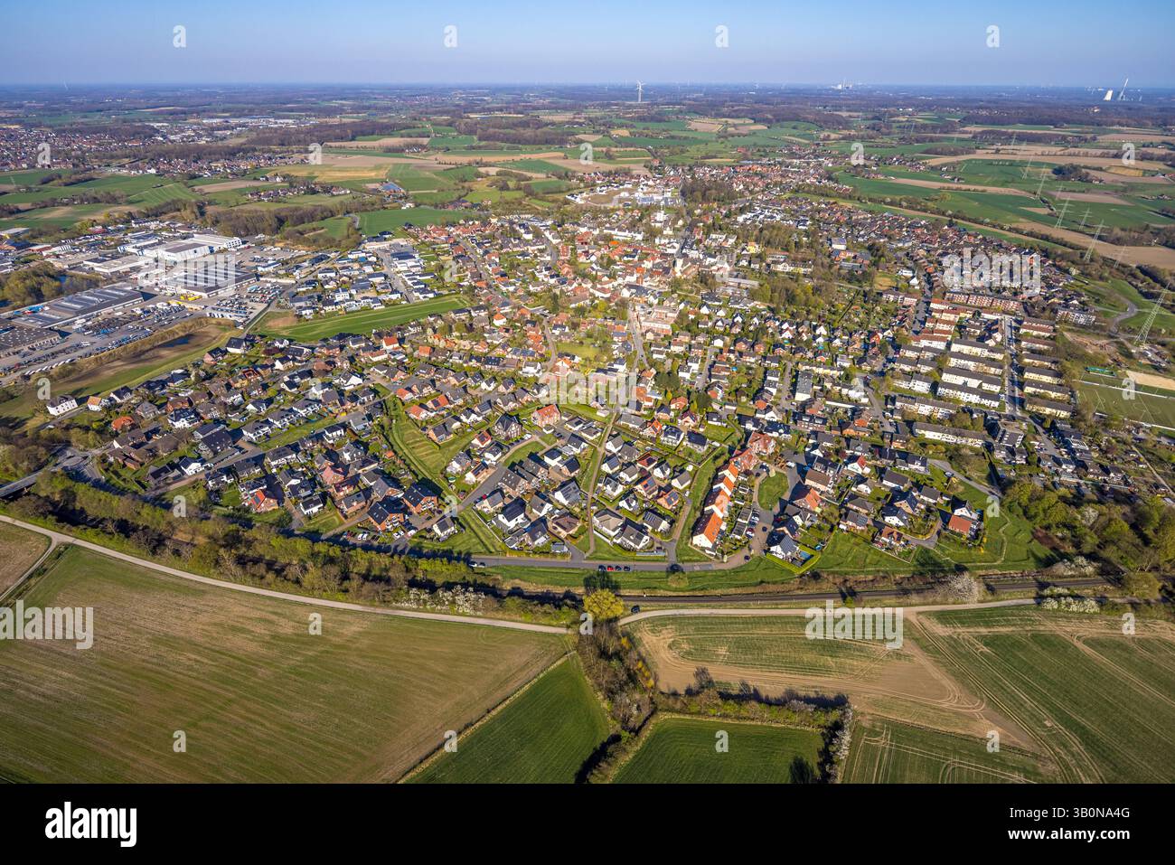 Luftbild, Wohngebiet Ortsansicht Ortsteil Bork mit Fernsicht und blauem ...