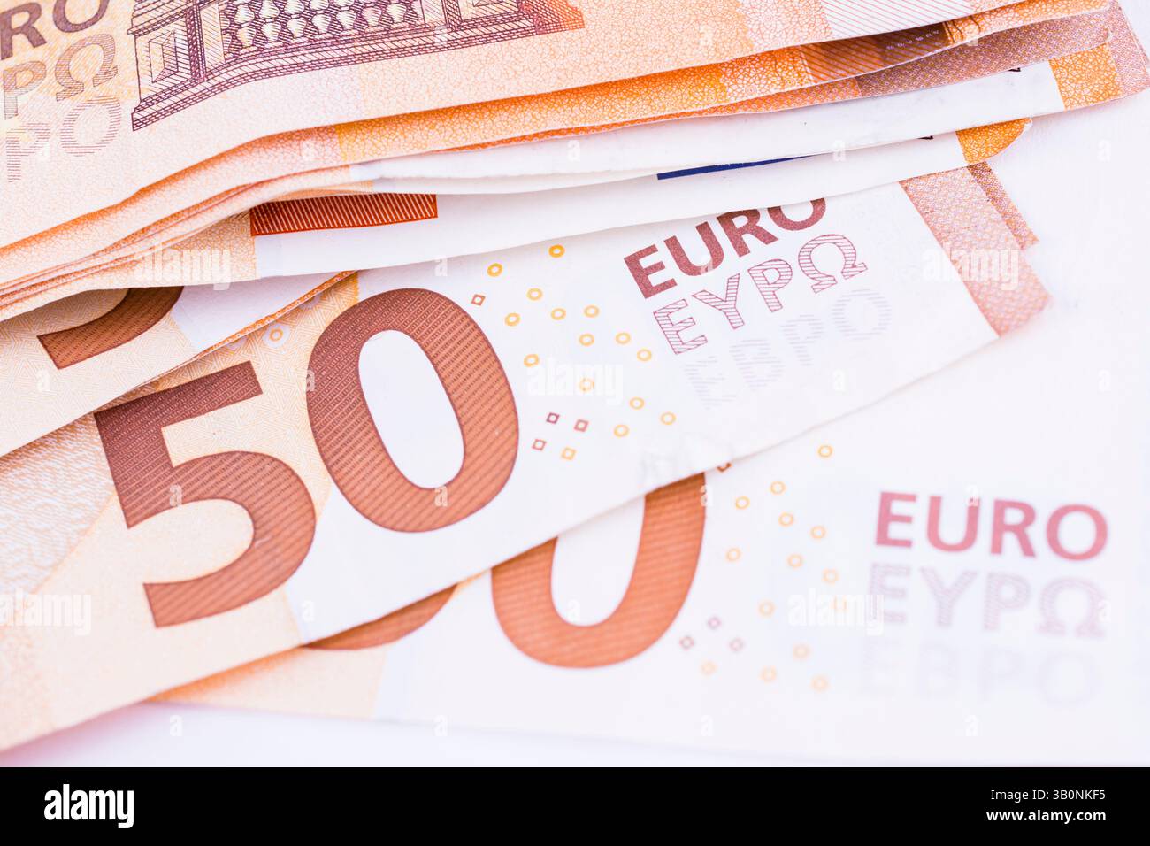 Close-up of a European Union banknote of 50 EUROS. The euro is the ...