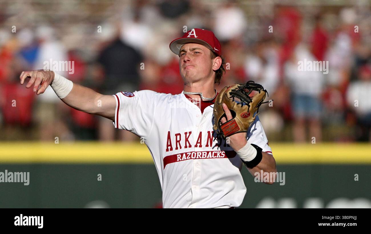 Arkansas infielder Gabe Fraser (6) throws to first base against Little ...