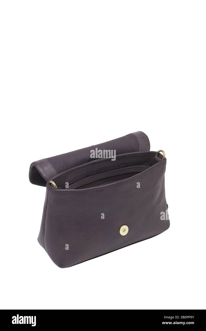 a brown leather handbag with an open flap and gold clasp is presented ...