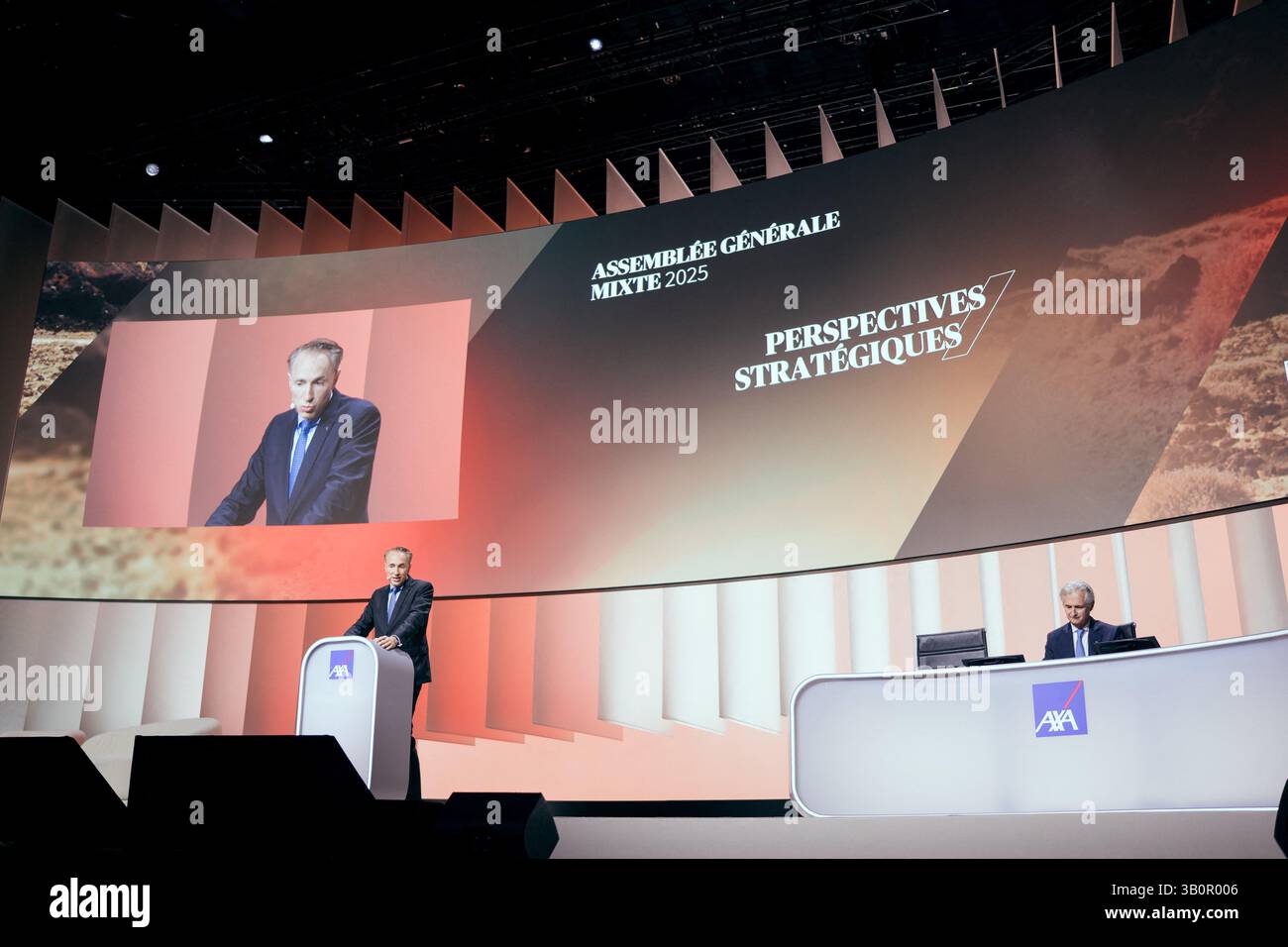 Paris, France. 24th Apr, 2025. General view of CEO of Axa Thomas Buberl ...