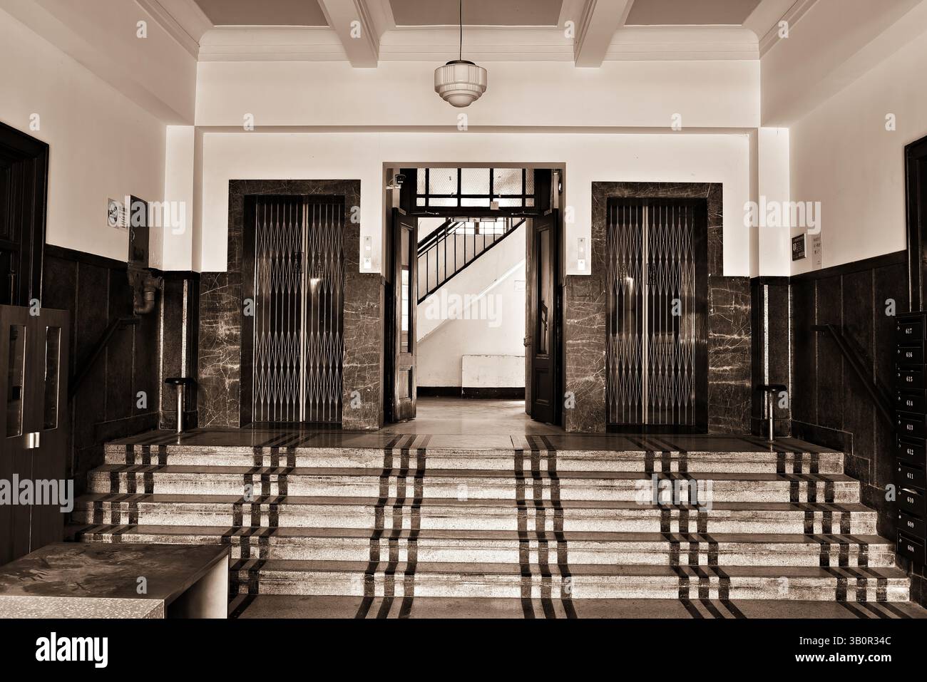Lift lobby of the Enbankment Building (built 1932). Jewish refugees ...
