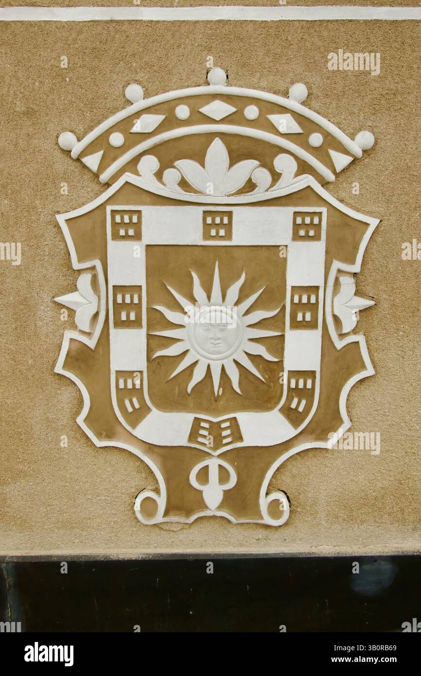 Decorative coat of arms on the wall of the hunting trophy hall Mirabel ...
