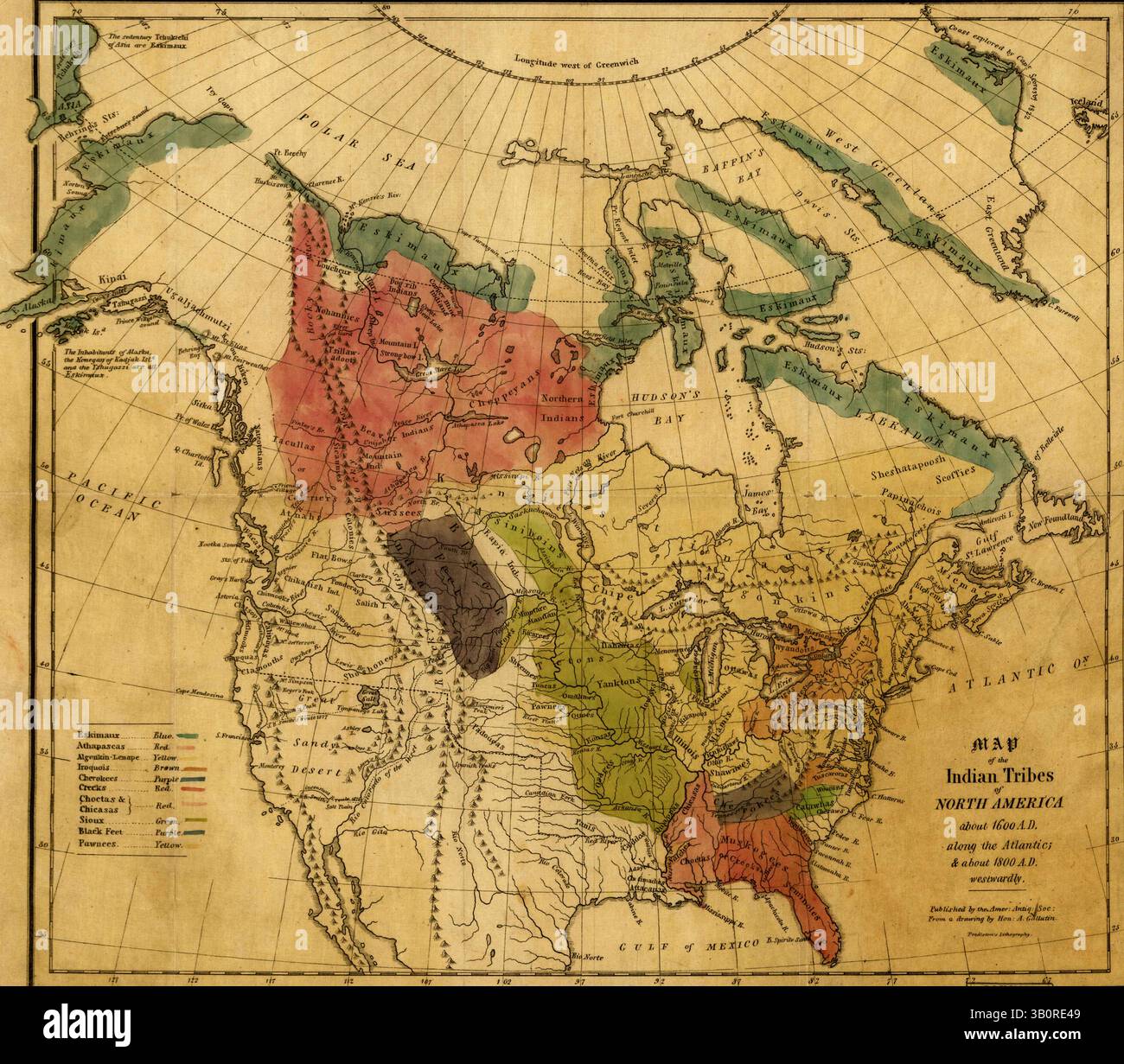 1836 - North America - Map of the Indian tribes of North America, about 1600 A.D. along the ...