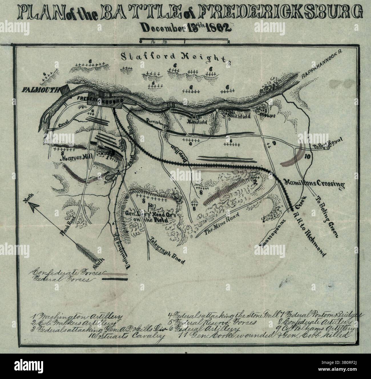 June 6, 1862 - Fredericksburg, VA, U.S. - Fredericksburg Battlefield - hand-drawn map shows the ...