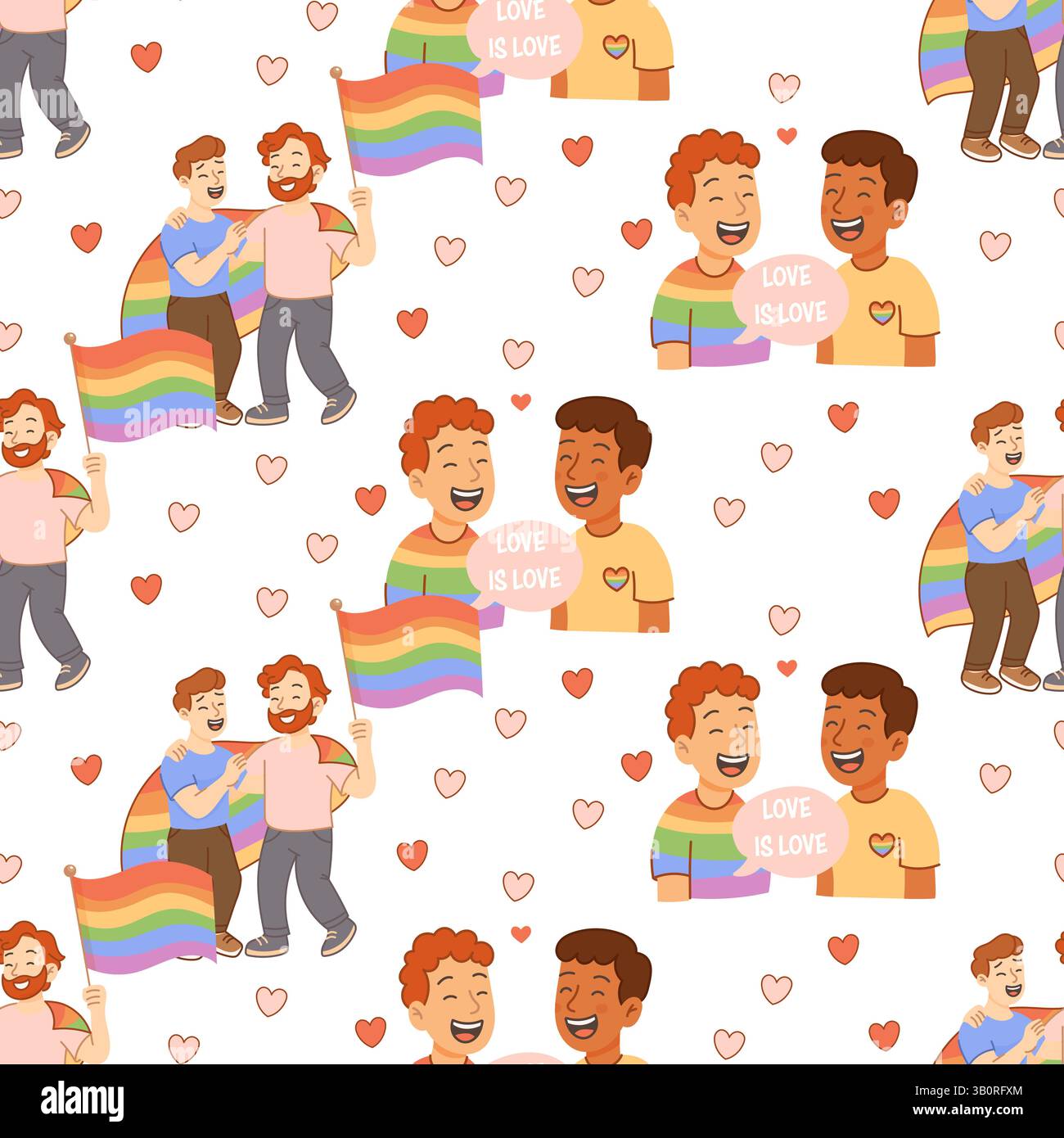 Cartoon pattern of LGBTQ couples with rainbow flags and hearts. Ideal ...