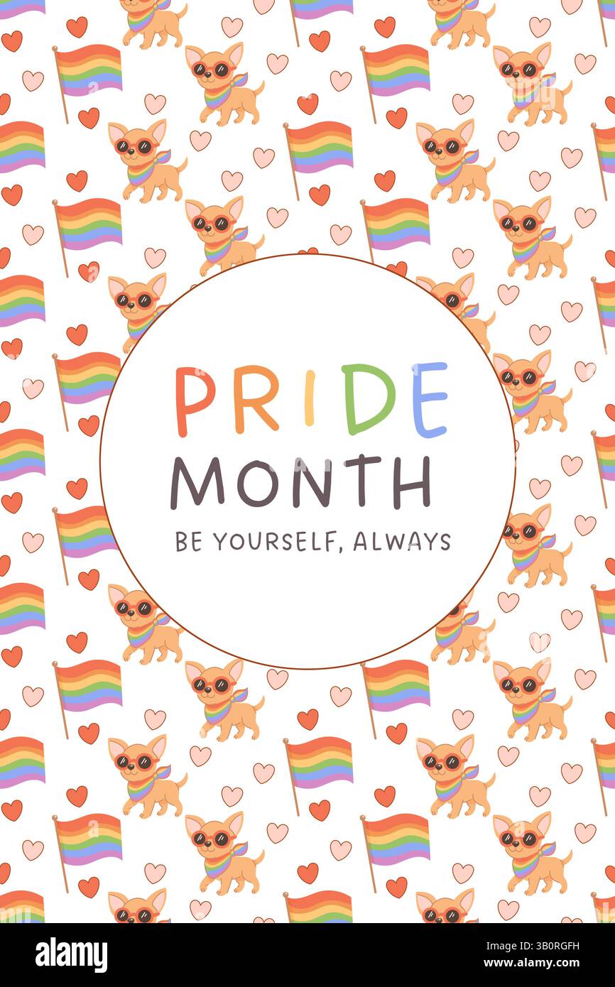 Bright and fun greeting card with rainbow flags, hearts and a cute dog ...