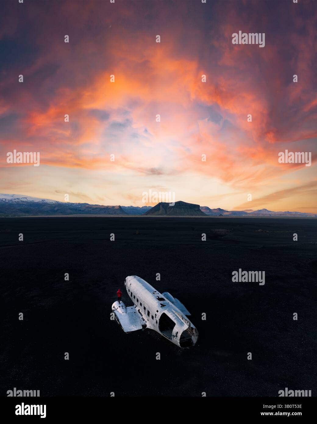 Aerial view of the DC-3 plane wreck on Solheimasandur’s black sand with ...