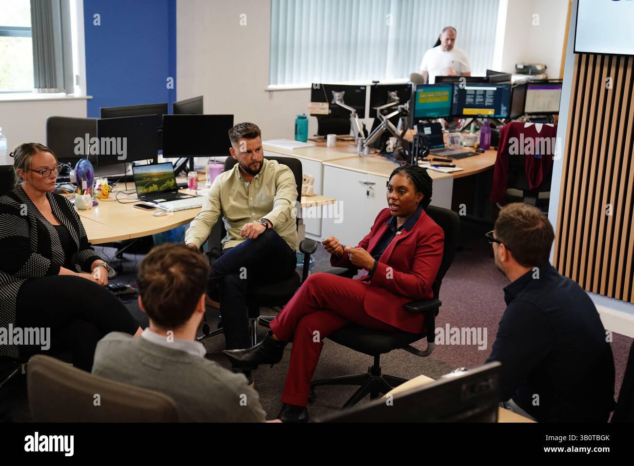 Conservative party leader Kemi Badenoch speaking to staff during a visit to Exel Technology in ...