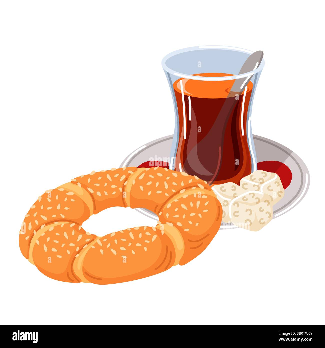 Traditional Turkish breakfast tea with simit with sesame seed in ...