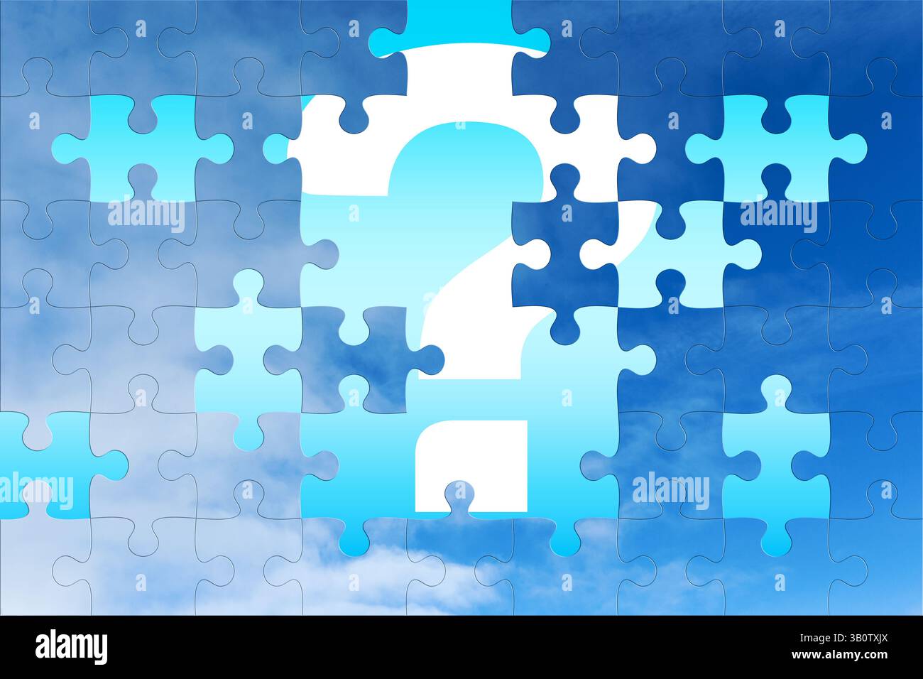 Missing puzzle piece with question mark on blue sky background Stock ...