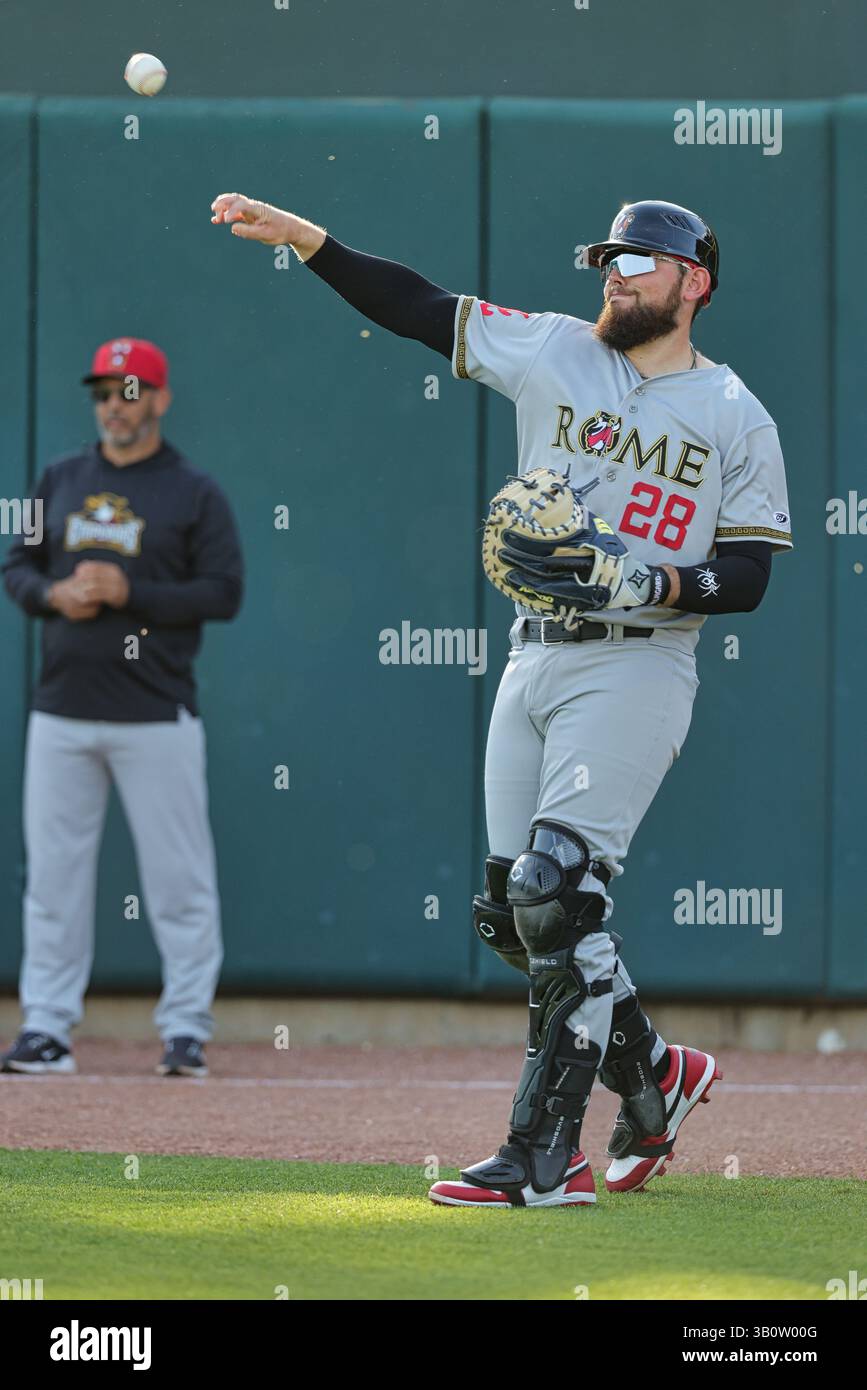 Winston-Salem, NC. USA; Rome Emperors catcher Harry Owen (28) warms up ...