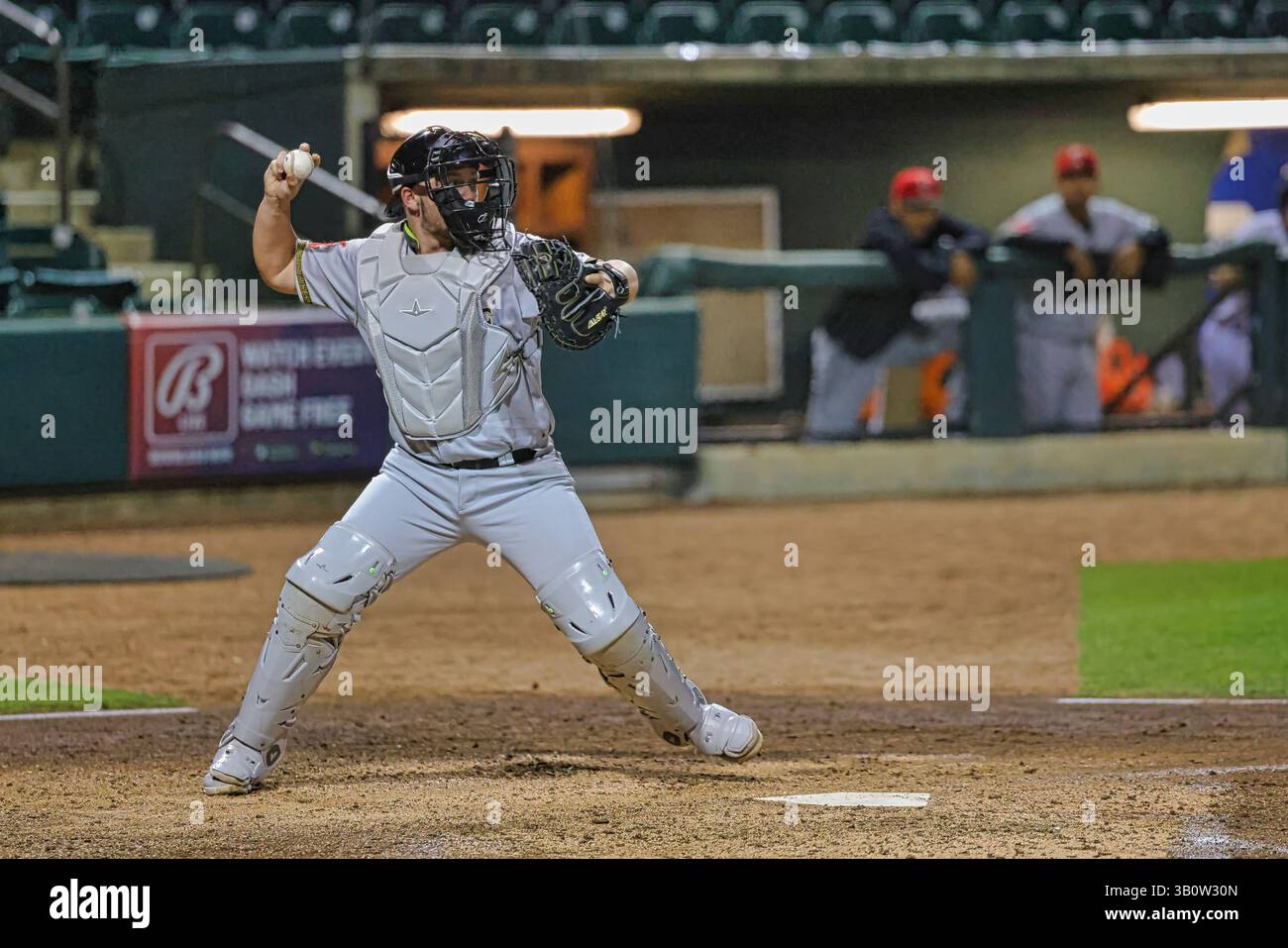 Winston-Salem, NC. USA; Rome Emperors catcher Dylan Shockley (51) warms ...