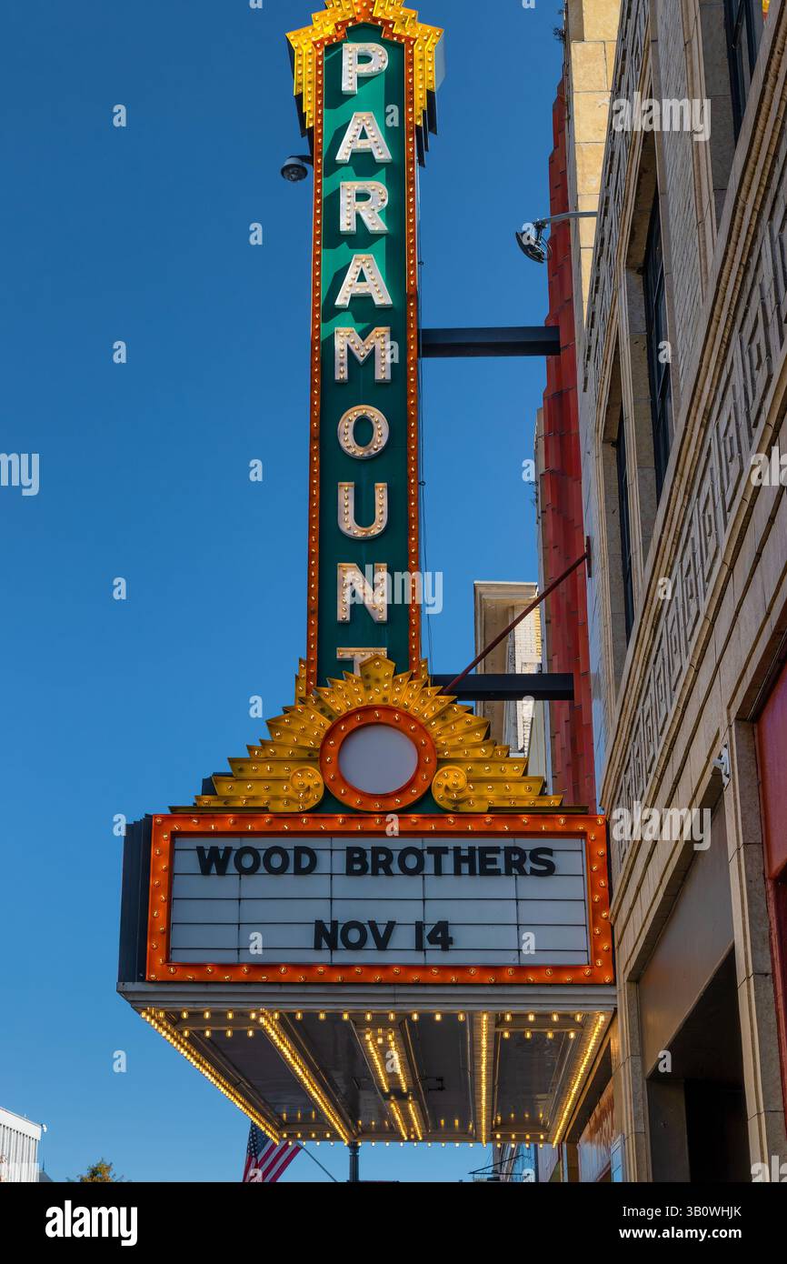 Bristol Tennessee, USA - October 24, 2024: Paramount marquee sign theatre in downtown district ...