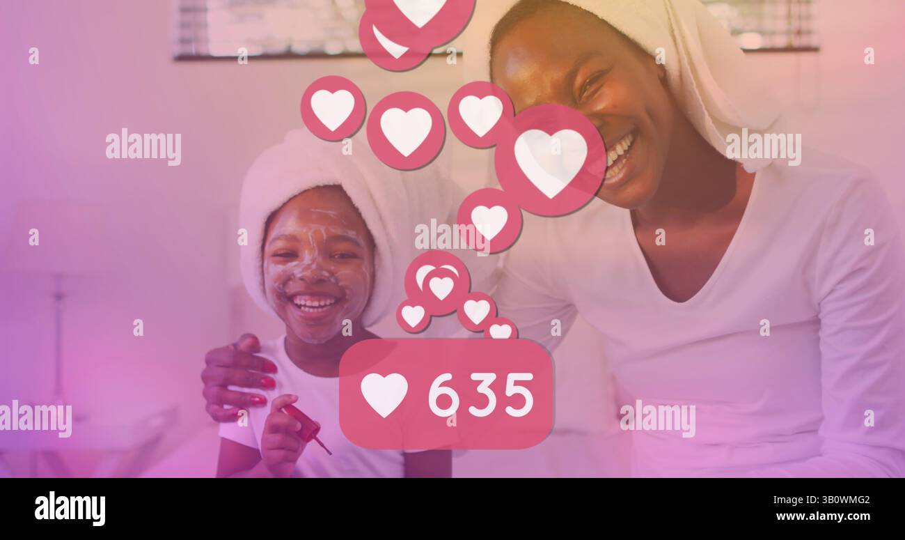 Image of heart reactions over happy african american mother and ...