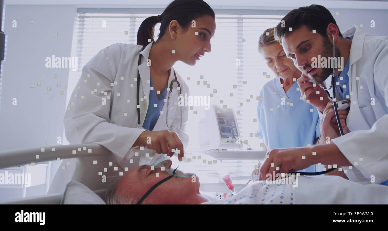 Image of graphs over diverse male and female doctors examining senior ...