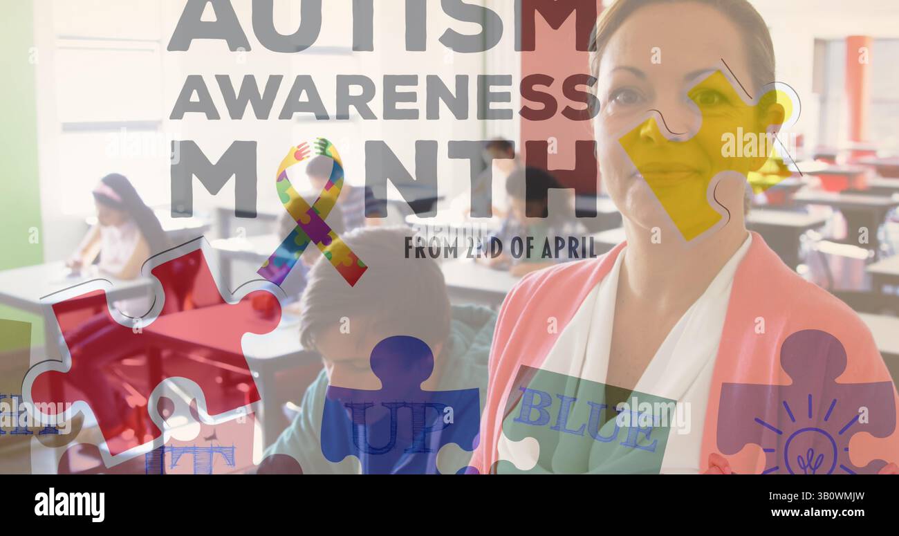 Image of autism awareness month text over diverse schoolchildren and ...