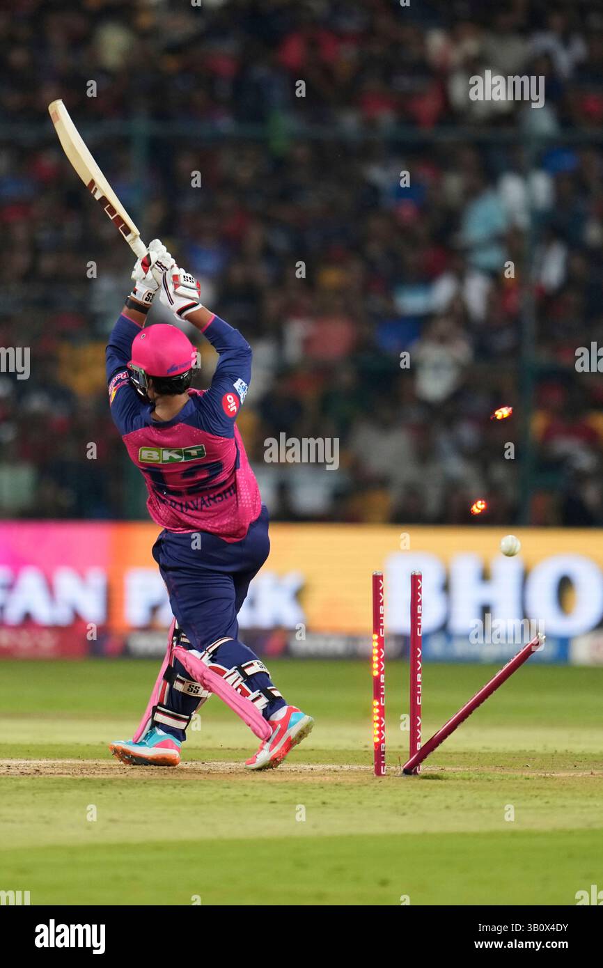 Rajasthan Royals' Vaibhav Suryavanshi is bowled out by Royal Challengers Bengaluru's Bhuvneshwar ...