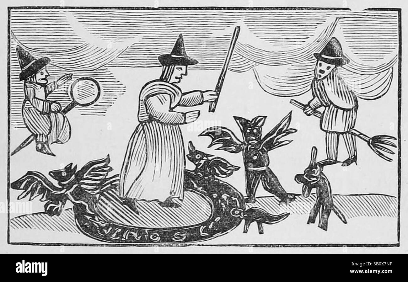 WITCHCRAFT Woodcut of Witch using a magic circle to summon spirits ...