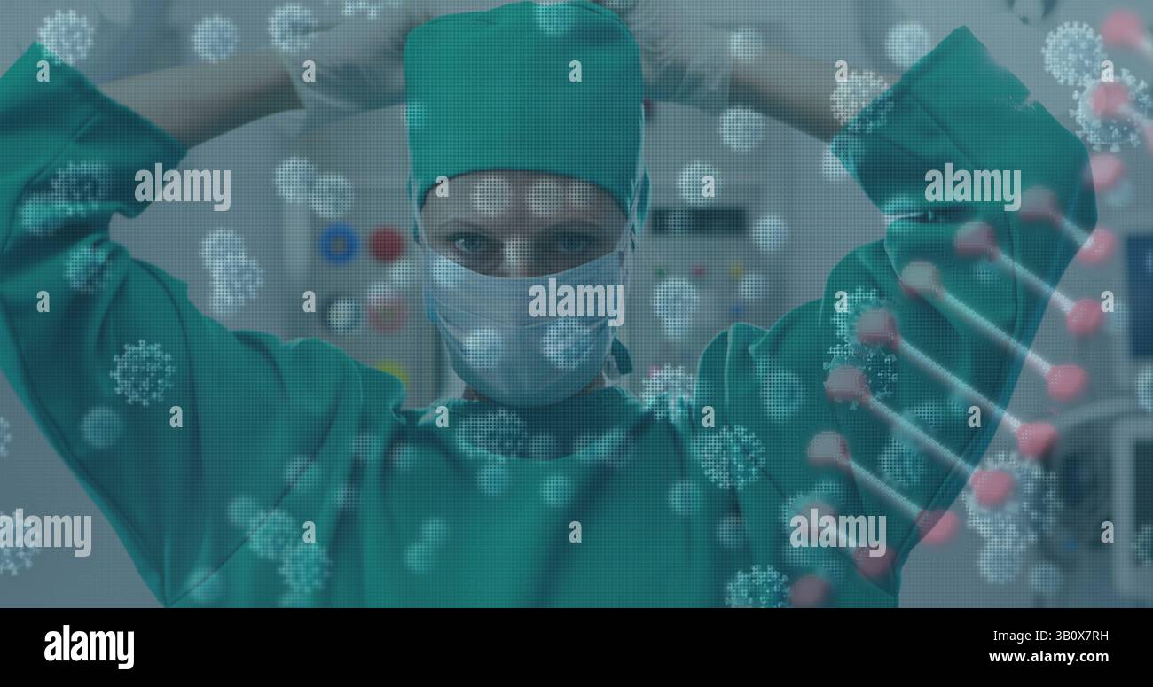 Adjusting surgeon tightening cap straps above head in operating room ...