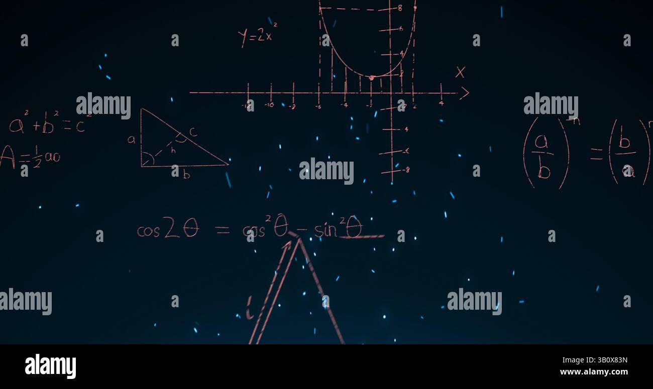 Image of math graps and data over black background. education, learning ...