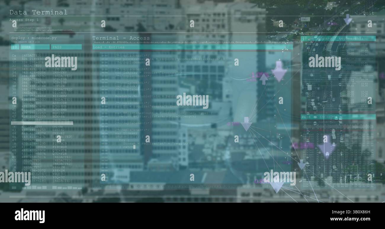 Displaying terminal UI showing access logs and network graph over ...