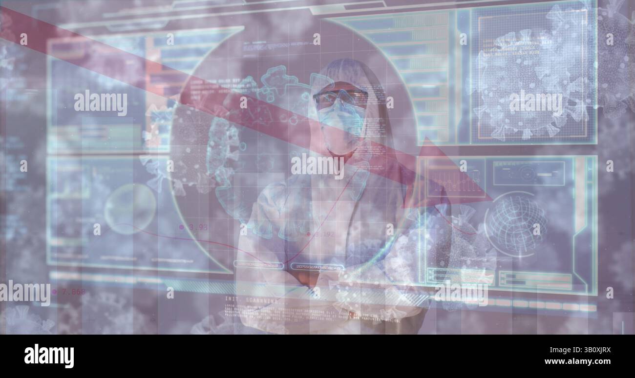 Mid-adult man standing in PPE gear in laboratory, with gloves, mask ...