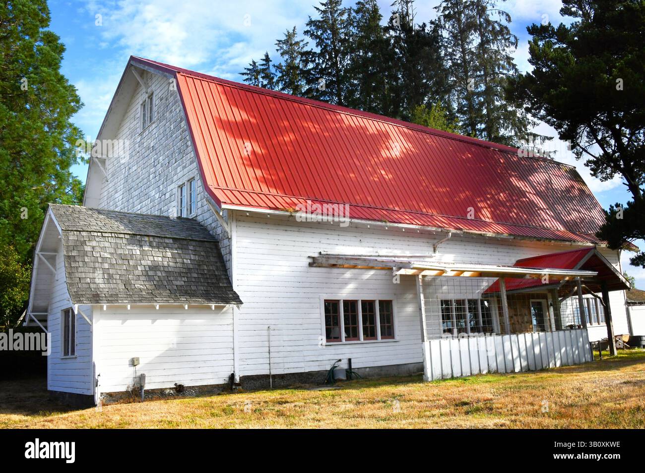 Large white, wooden barn has a red metal roof. Front section still has ...