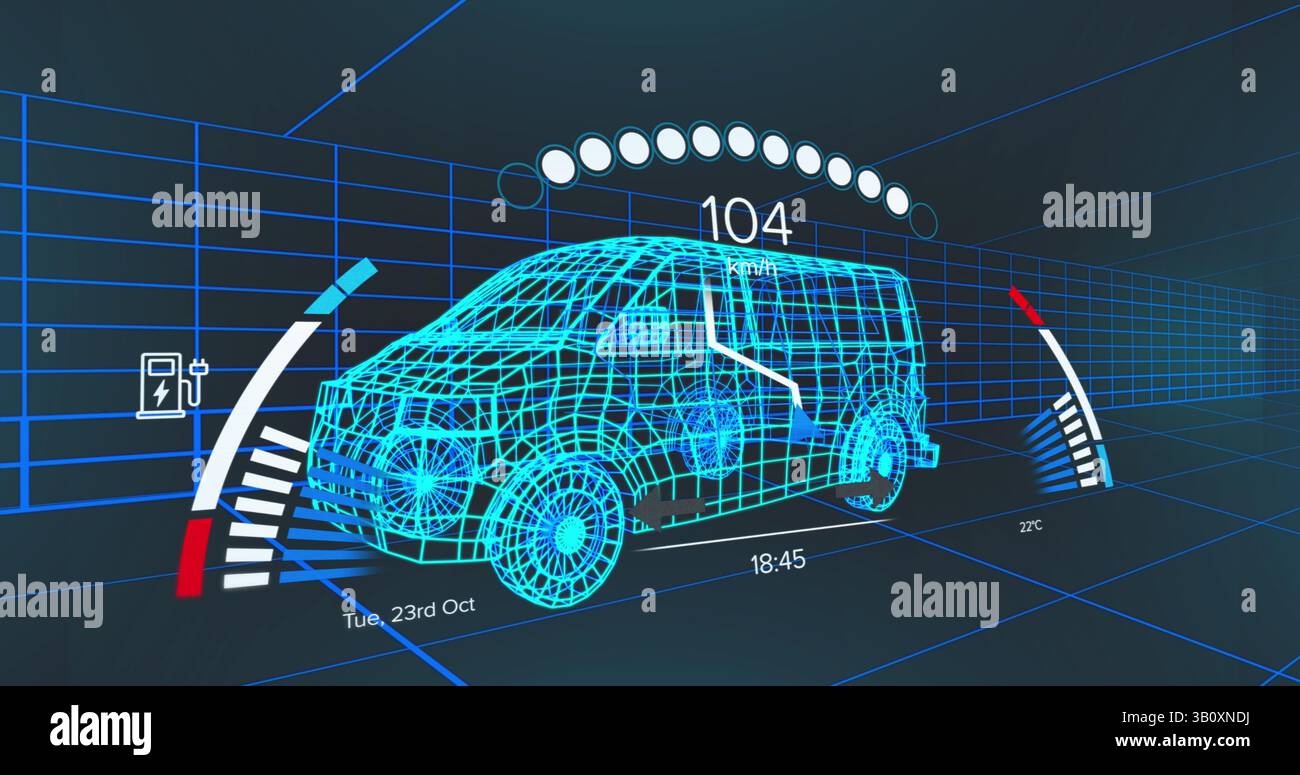 Image of speedometer over electric van project on navy background Stock ...