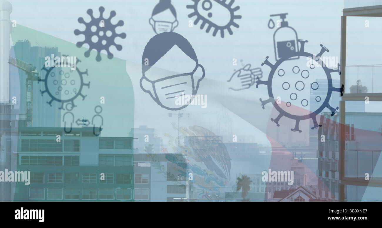 Showing COVID icons over city skyline, with virus mask wash sanitizer ...