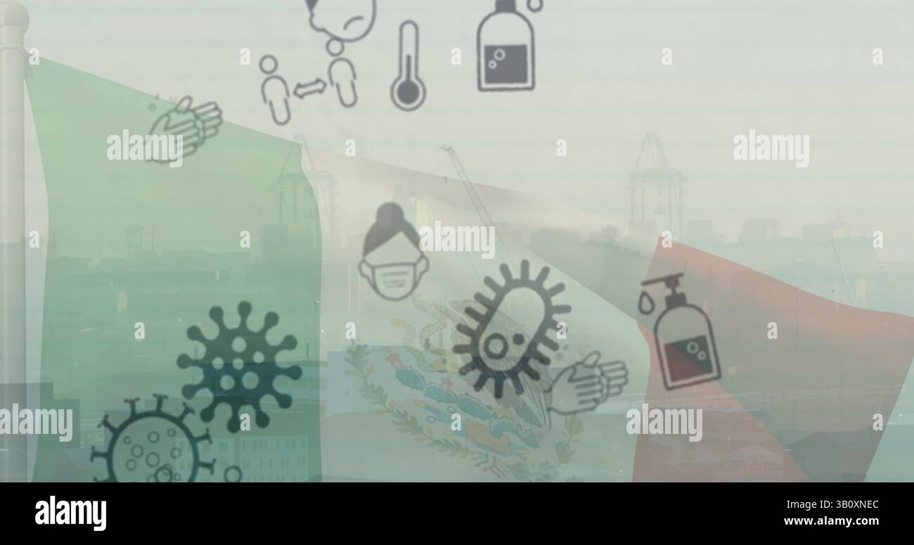 Translucent Mexican flag overlaying port scene, with cargo cranes and ...